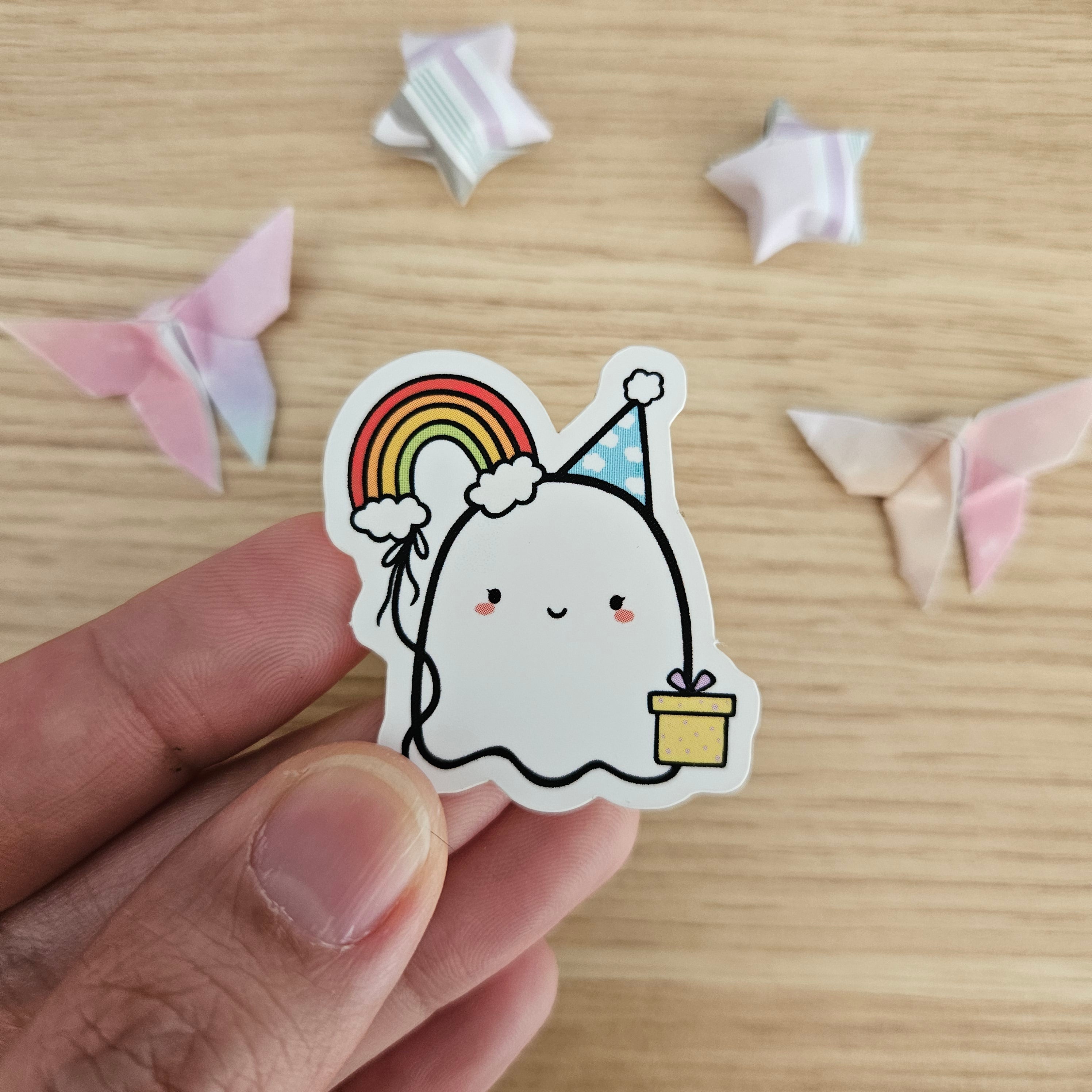 Rainbow Birthday Ghost Vinyl Sticker (3rd Anniversary) – Jem and Cozy